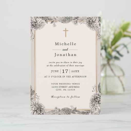 Vintage Simple Floral Christian Cross Wedding Invitation | Zazzle