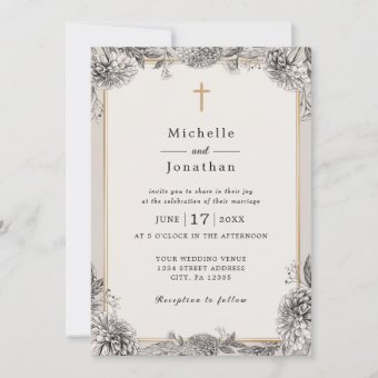 Vintage Simple Floral Christian Cross Wedding Invitation | Zazzle