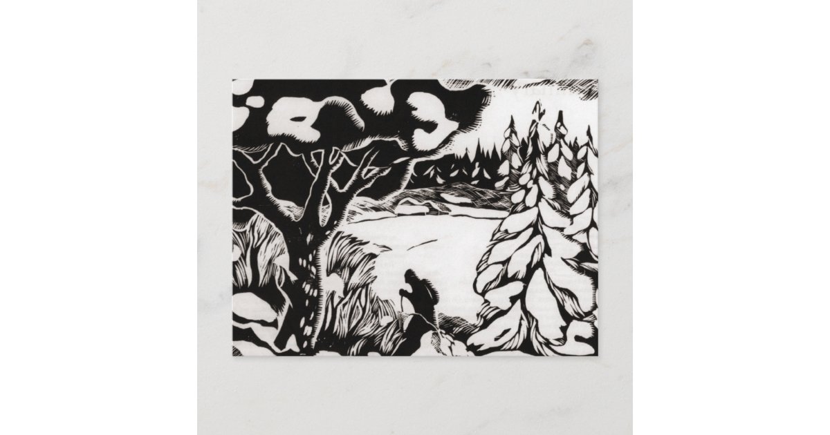 Vintage ski image, Snow scene woodcut Postcard | Zazzle
