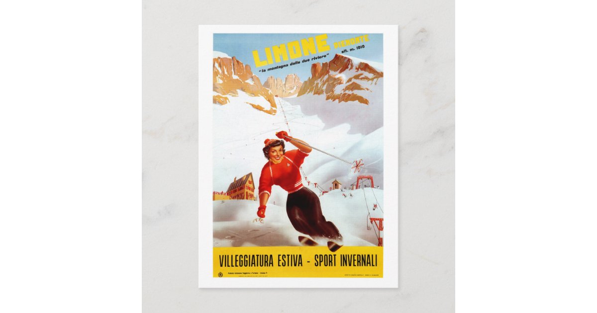 Vintage ski Limone Piemonte Italian travel poster Postcard | Zazzle