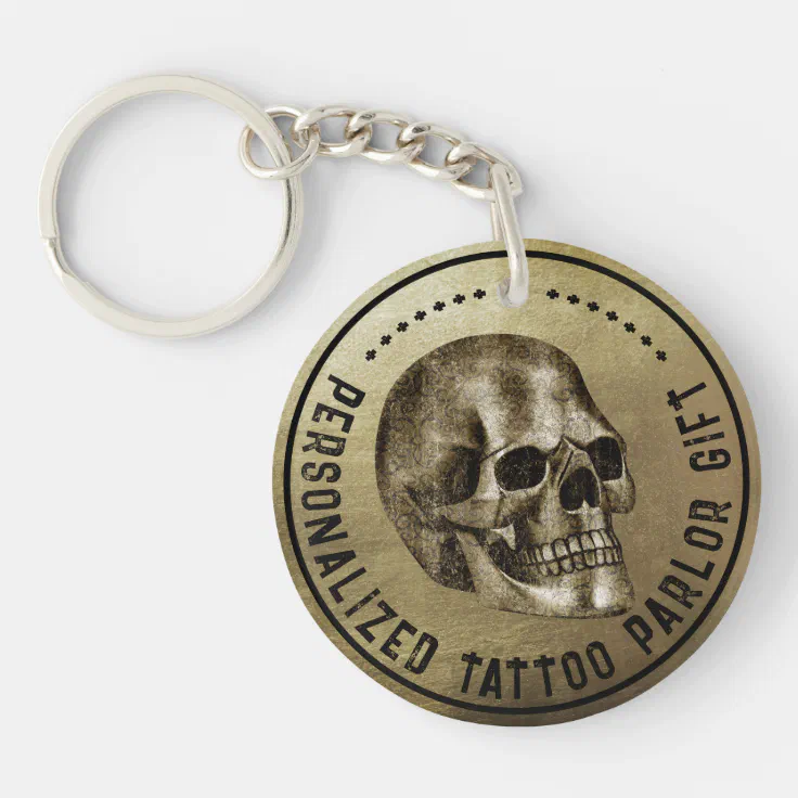 Vintage Skull Gothic Damask Fidelity Tattoo Parlor Keychain | Zazzle
