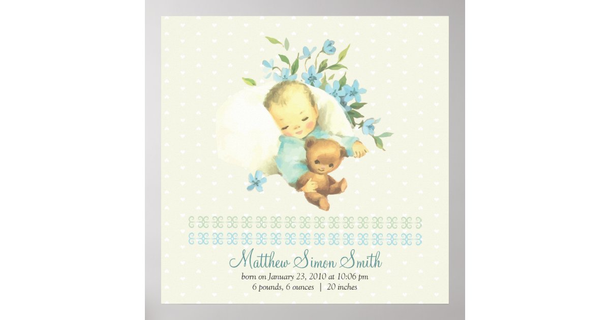 Vintage Sleeping Baby Personalized Birth Poster | Zazzle