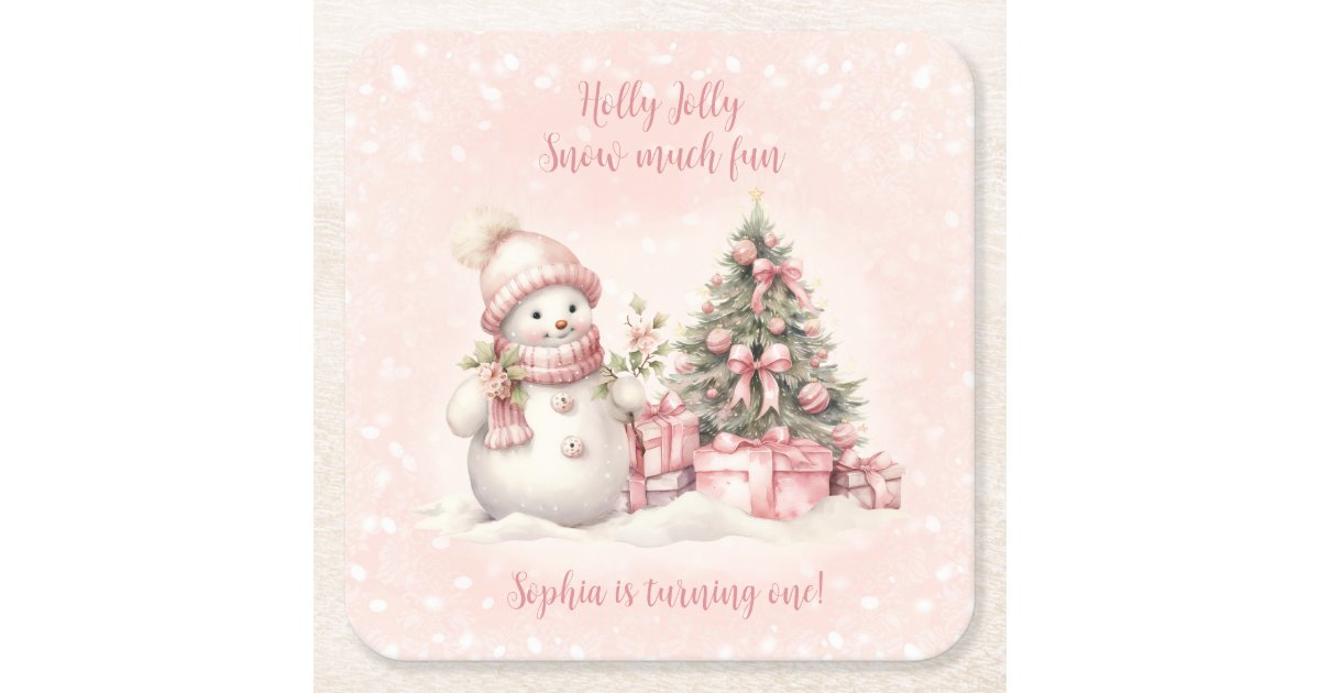 Vintage Snowman Pink Christmas 1st Birthday Square Paper Coaster | Zazzle