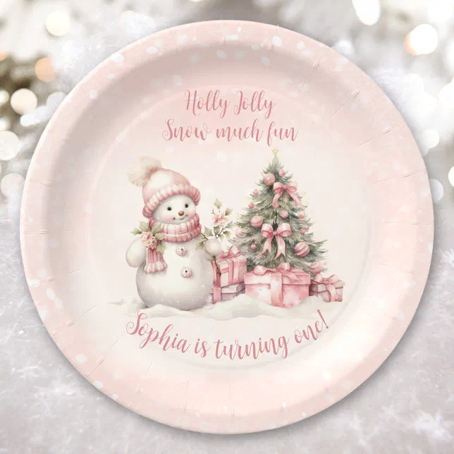 Vintage Snowman Pink Christmas First Birthday Paper Plates | Zazzle
