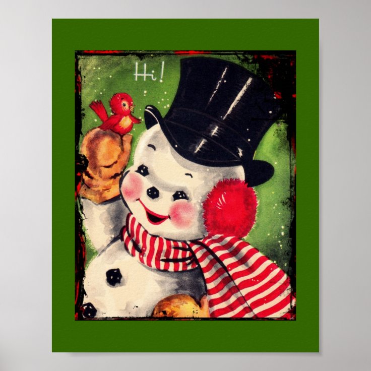 Vintage Snowman with Red Bird Poster | Zazzle
