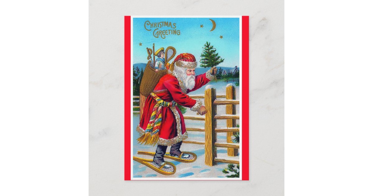 Vintage Snowshoes Santa copy on Christmas Postcard | Zazzle