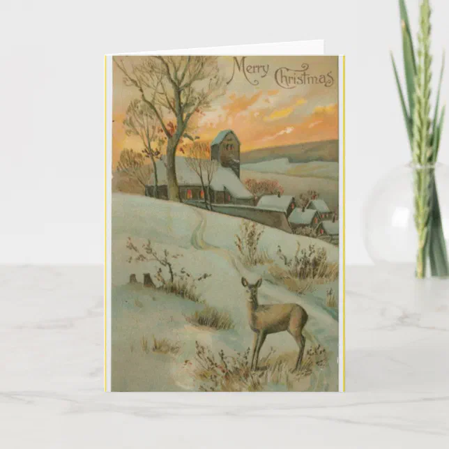 Vintage snowy landscape christmas greeting card | Zazzle