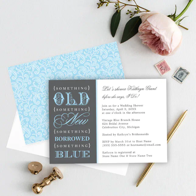 Vintage Something Blue Wedding Bridal Shower Invitation | Zazzle