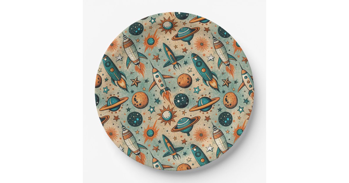 Vintage Spacecraft Rocket Ships Pattern -Cosmos(7) Paper Plates | Zazzle