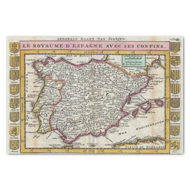Vintage Spanish Kingdom Old World Map of Spain Tissue Paper | Zazzle