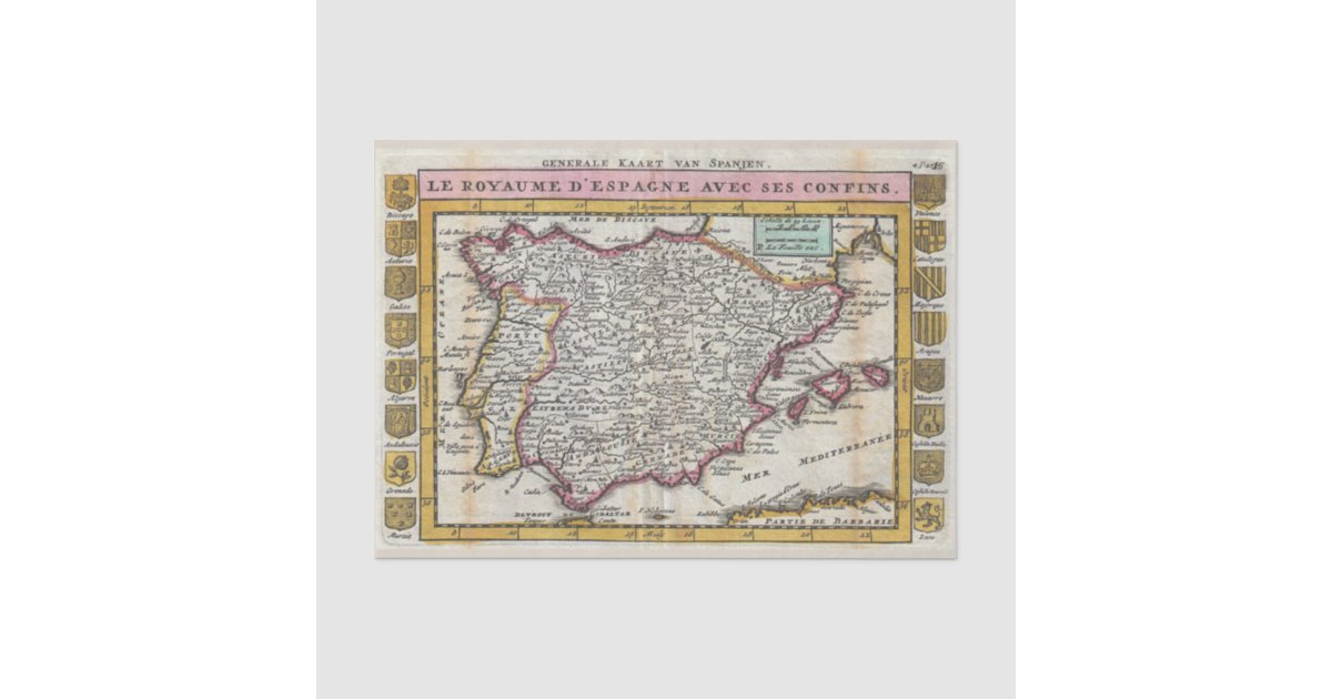 Vintage Spanish Kingdom Old World Map of Spain Tissue Paper | Zazzle