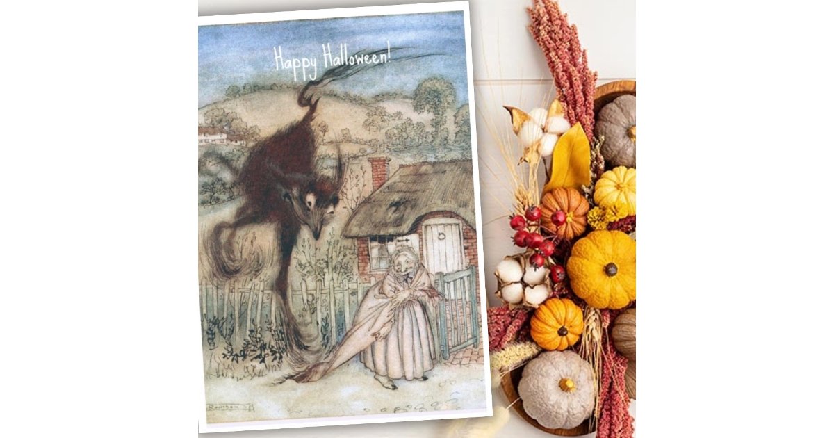 Vintage Spooky Witch and Black Cat Arthur Rackham Card | Zazzle