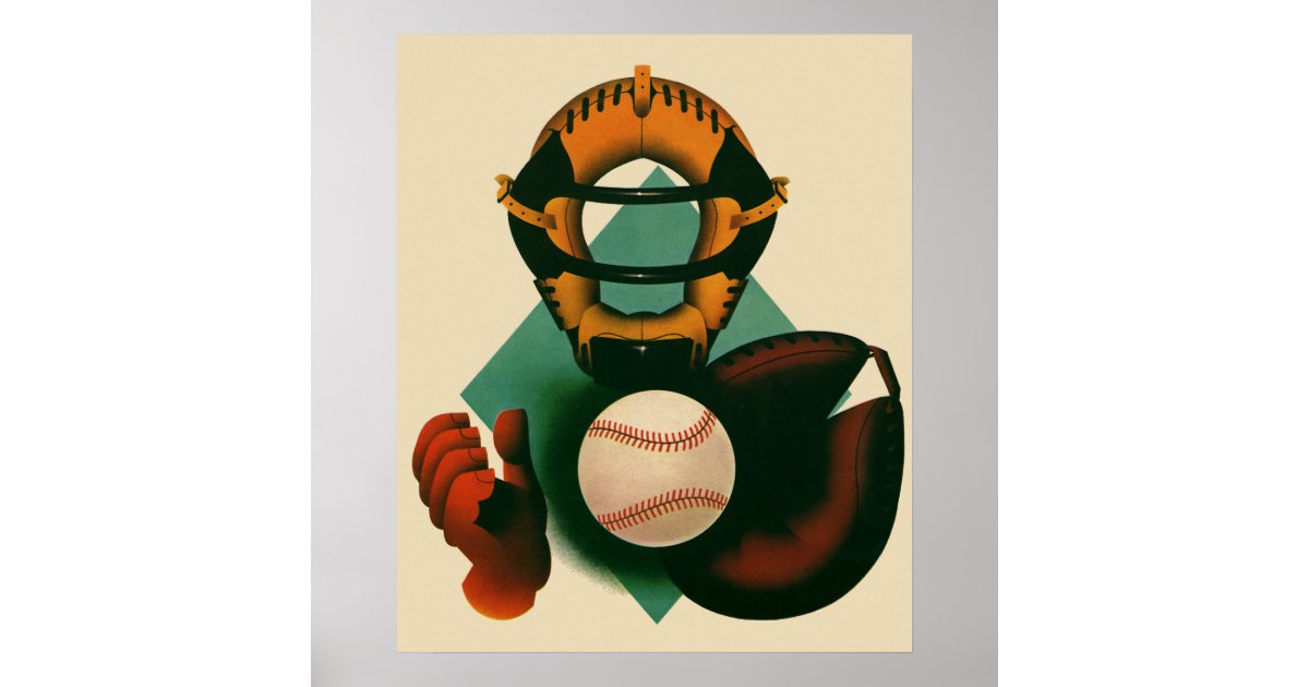 Vintage Sports Baseball Player, Catcher with Mitt Poster | Zazzle
