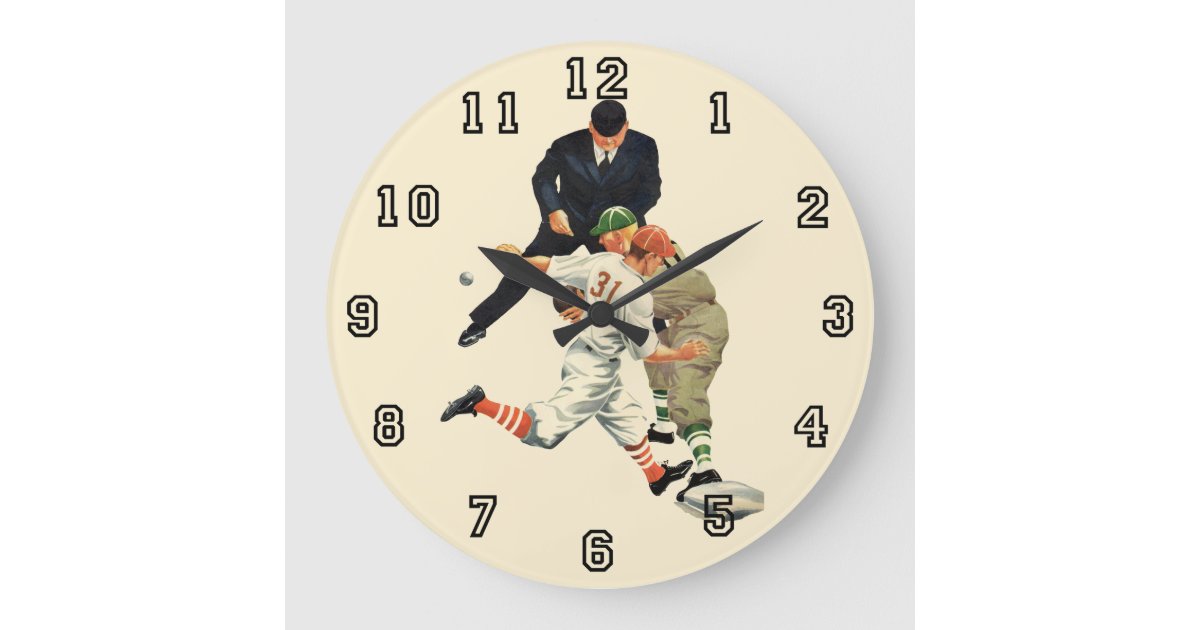 Vintage Sports Baseball Players Safe at Home Plate Large Clock | Zazzle