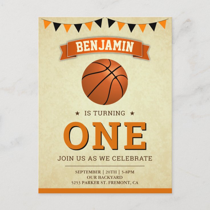 Vintage Sports Basketball 1st Birthday Party Invitation Postcard | Zazzle