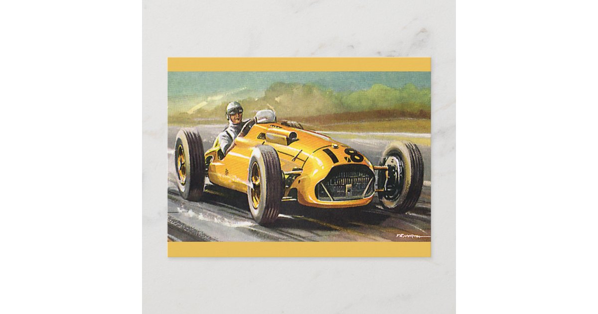 Vintage Sports Racing, Yellow Race Car Racer Postcard | Zazzle