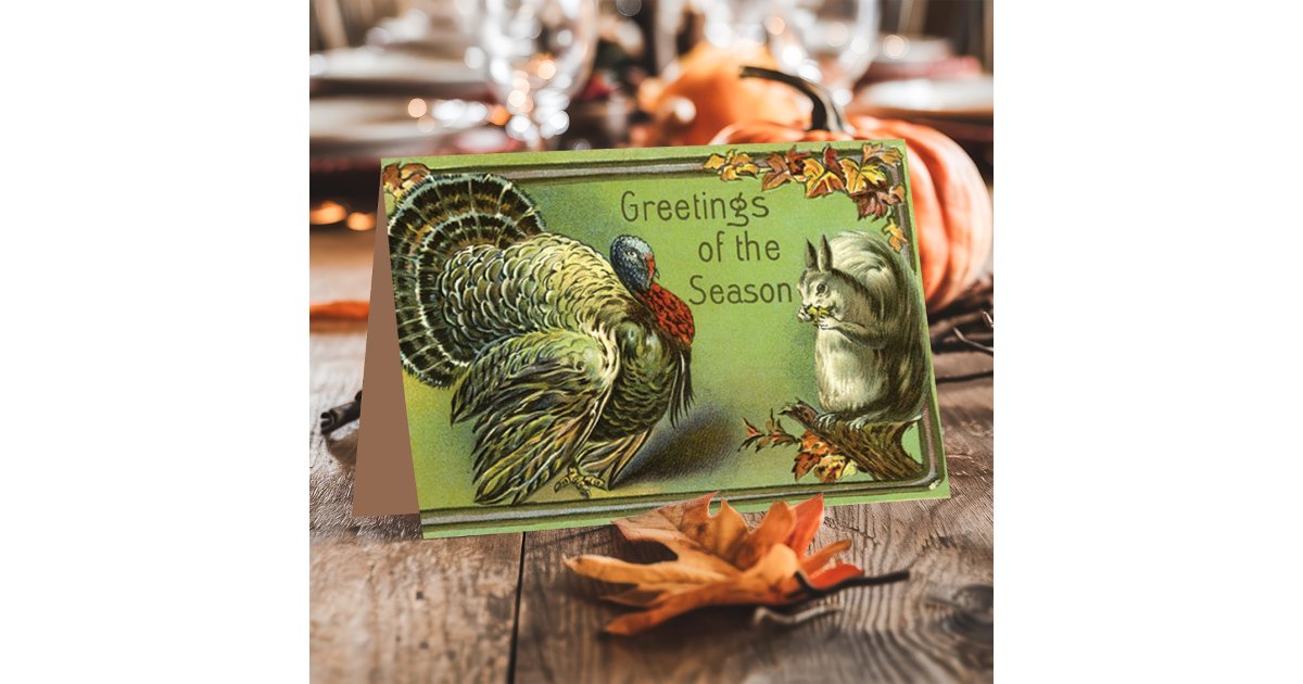 Vintage Squirrel And Turkey Thanksgiving Holiday Card | Zazzle