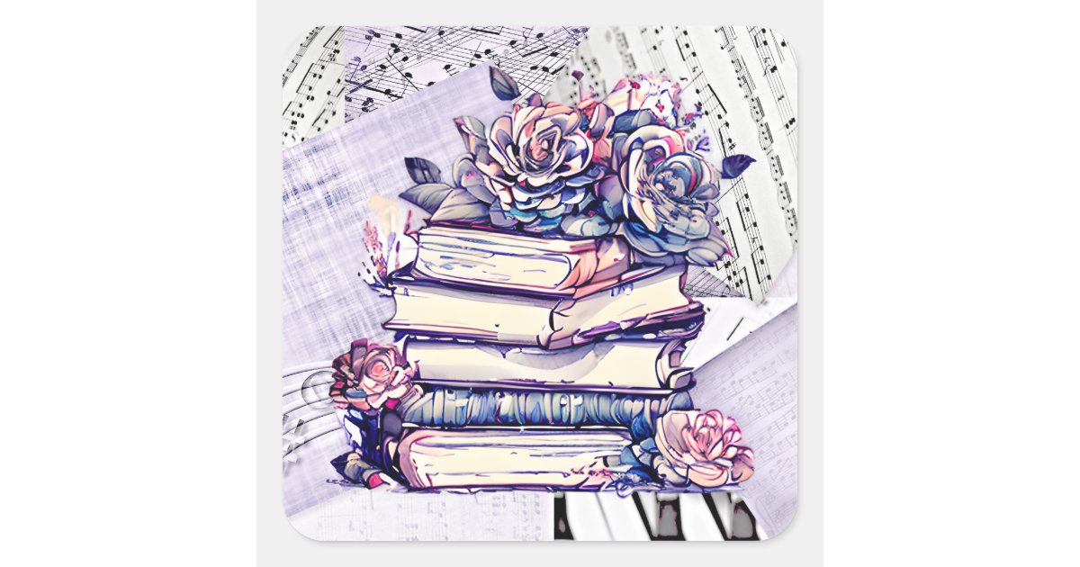 Vintage Stack of Books and Roses Square Sticker | Zazzle