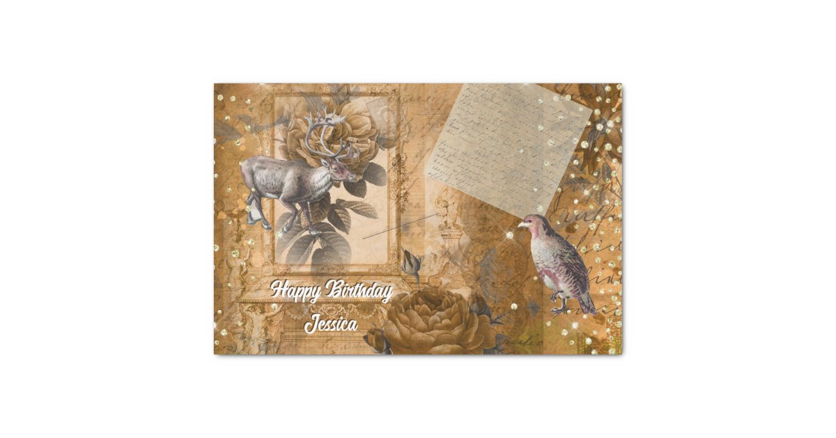 Vintage stag rose floral script ephemera tissue paper | Zazzle
