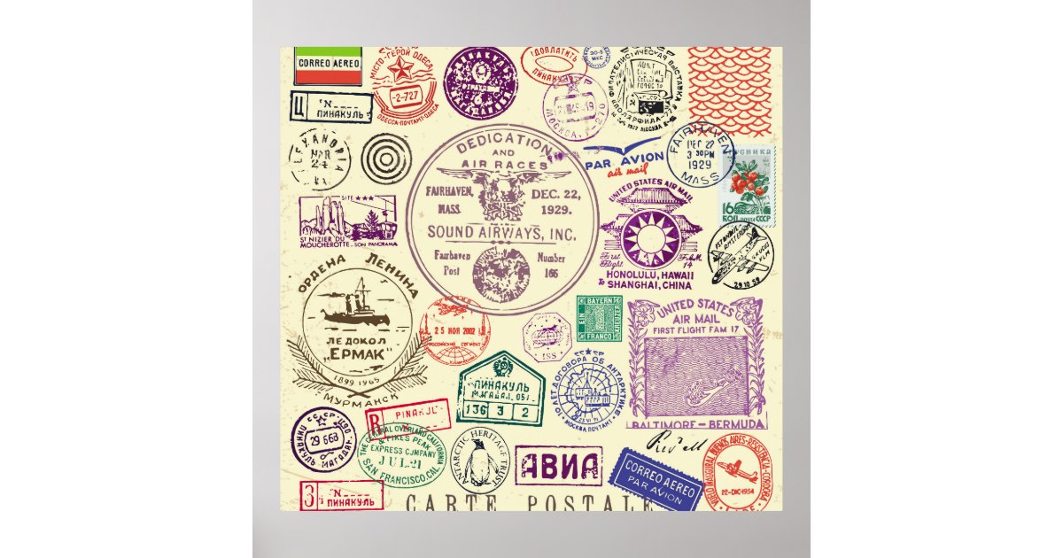 Vintage stamps, decorative document set. poster | Zazzle