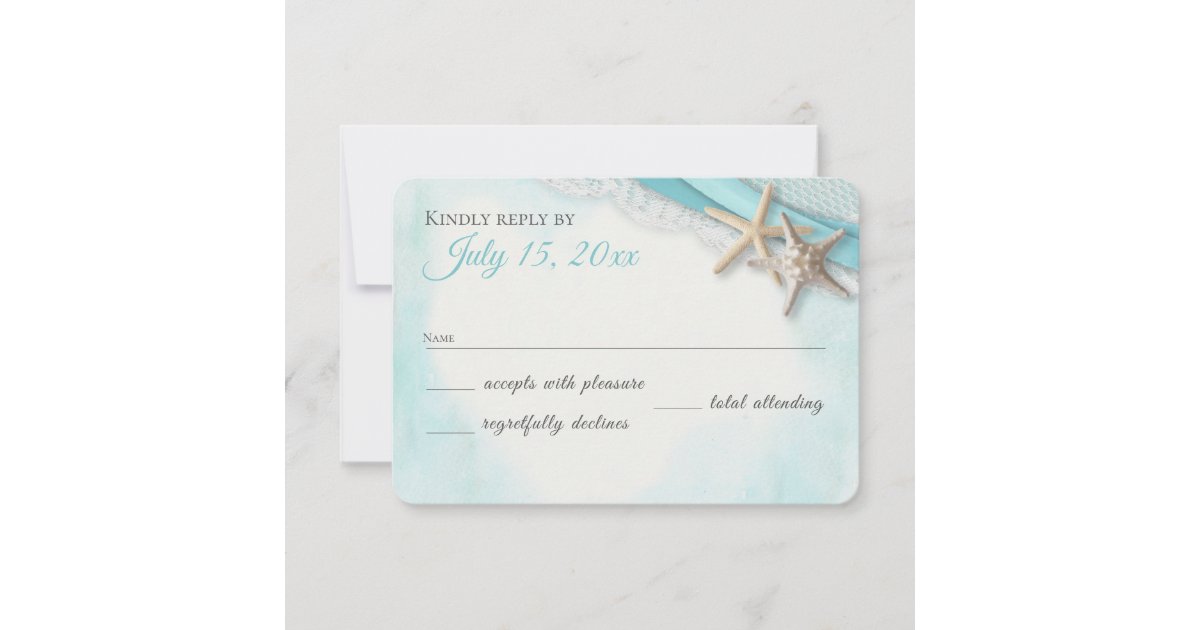 Vintage Starfish Lace and Ocean Blue Ribbon RSVP Card | Zazzle