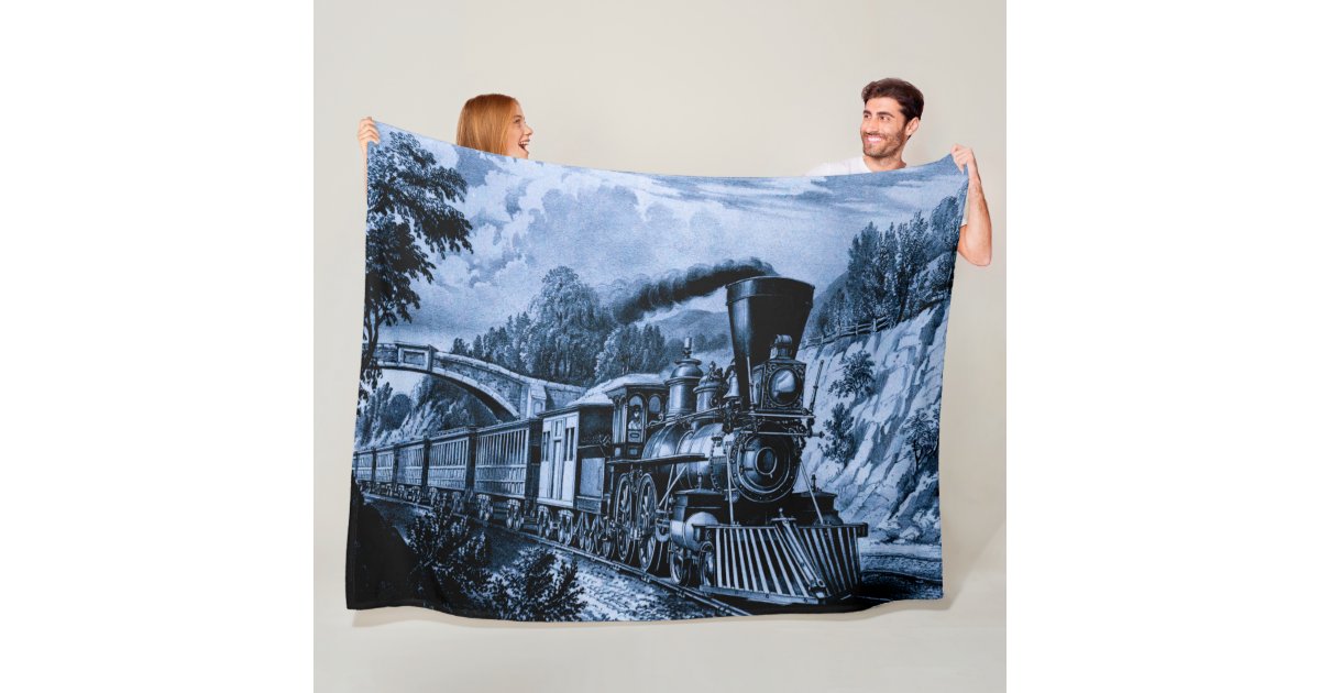 Vintage Steam Engine Train Railroad Railway Blue Fleece Blanket | Zazzle
