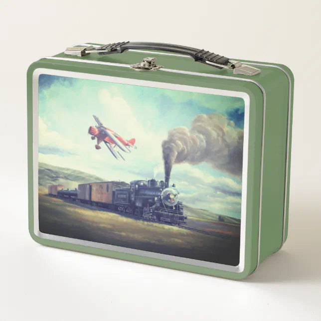 Vintage Steam Train & Airplane Metal Lunch Box | Zazzle