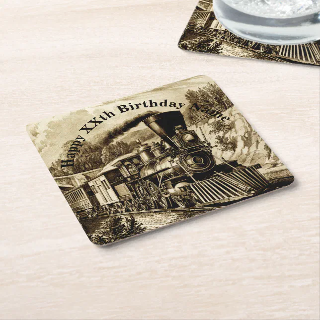 Vintage Steam Train Man's Birthday Party Square Paper Coaster | Zazzle