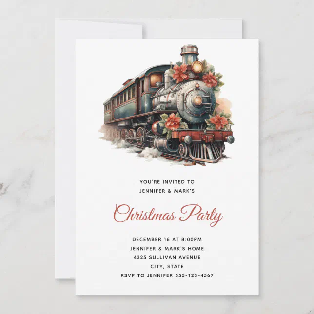 Vintage Steam Train Traditional Christmas Party Invitation | Zazzle