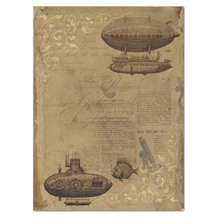 Vintage Steampunk Blimp and Submarine Decoupage Tissue Paper | Zazzle