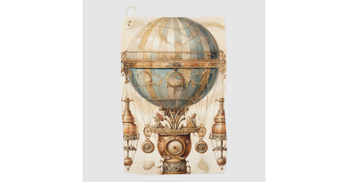 Vintage Steampunk Blue Hot Air Balloon (3) Golf Towel | Zazzle
