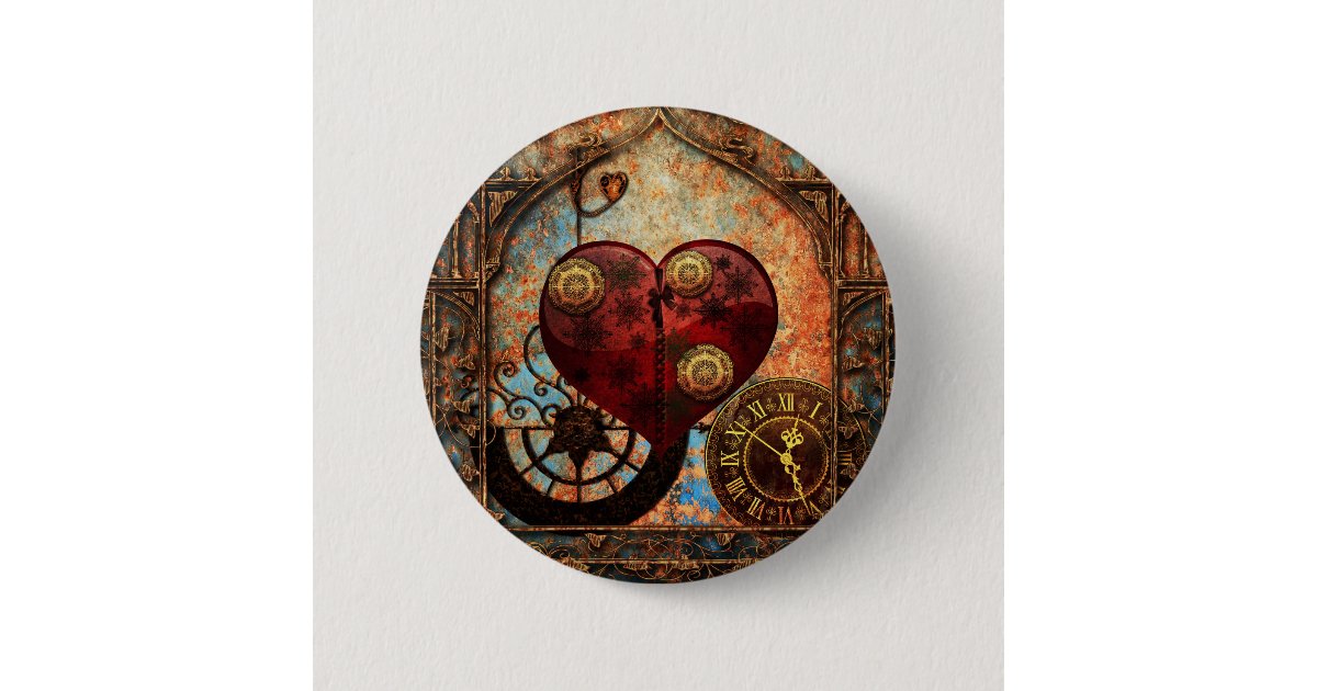 Vintage Steampunk Hearts Wallpaper Pinback Button | Zazzle