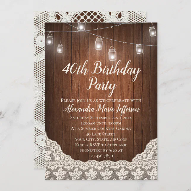 Vintage String Light Mason Jar 40th Birthday Party Invitation | Zazzle