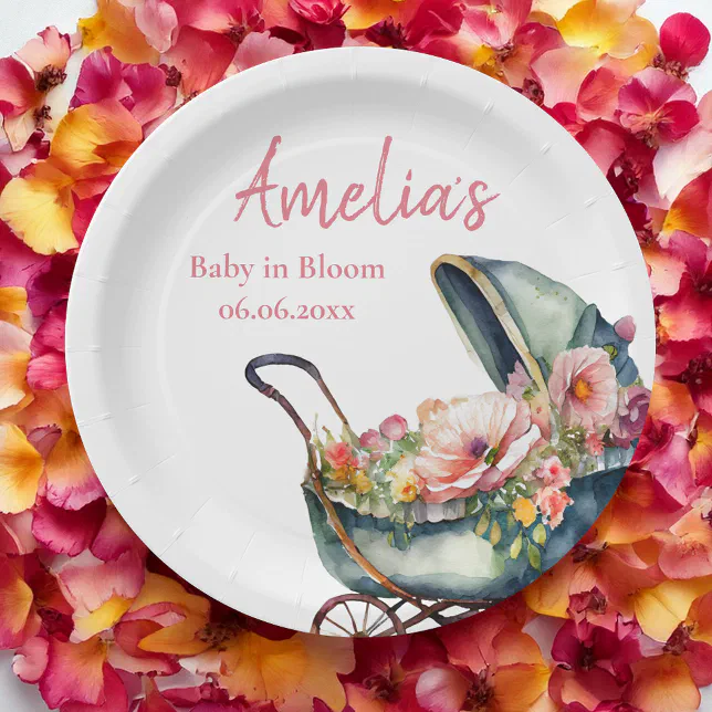 Vintage Stroller Personalized Baby Shower Paper Plates | Zazzle