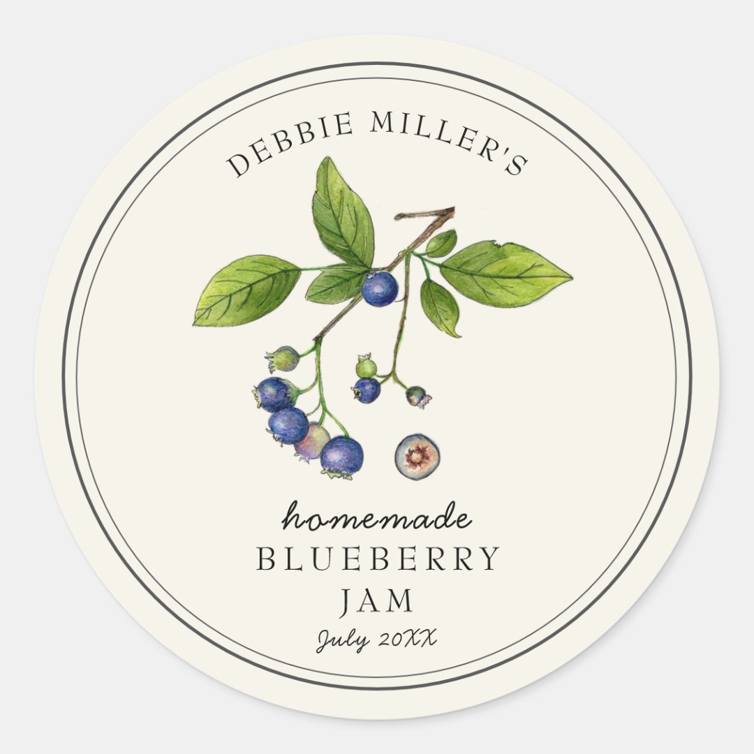 Vintage style Blueberry Jam jar on Off white Classic Round Sticker | Zazzle