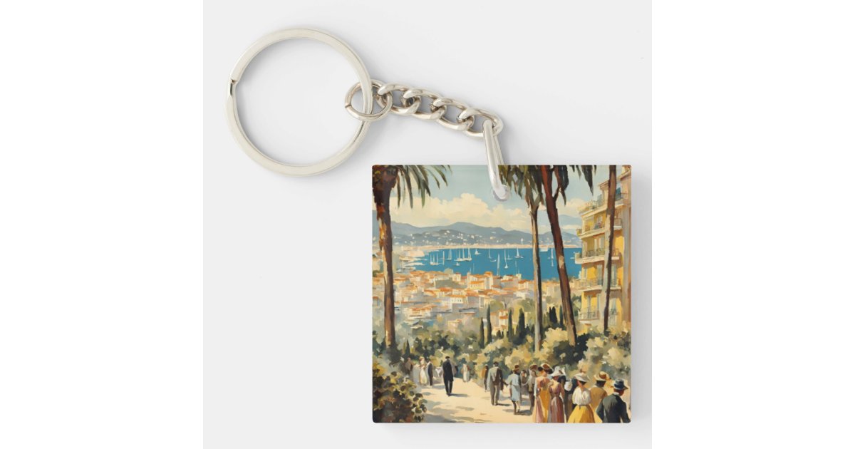Vintage Style Cannes French Travel Watercolor Keychain | Zazzle