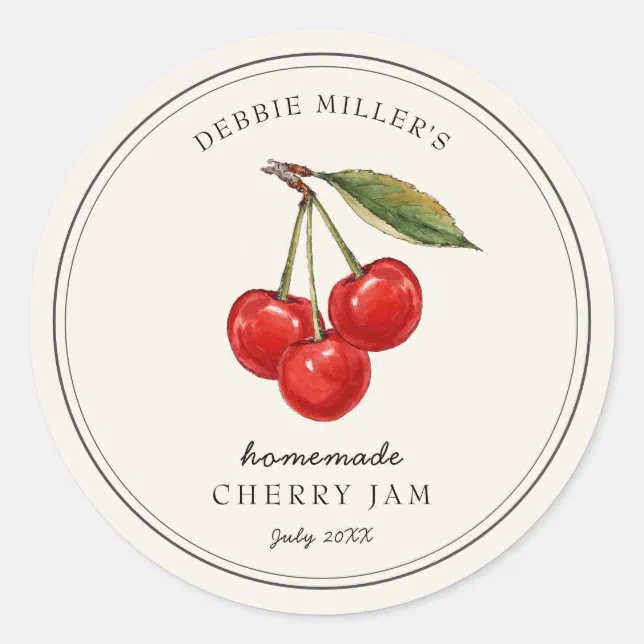 Vintage style Cherries on off-white Jam Classic Round Sticker | Zazzle