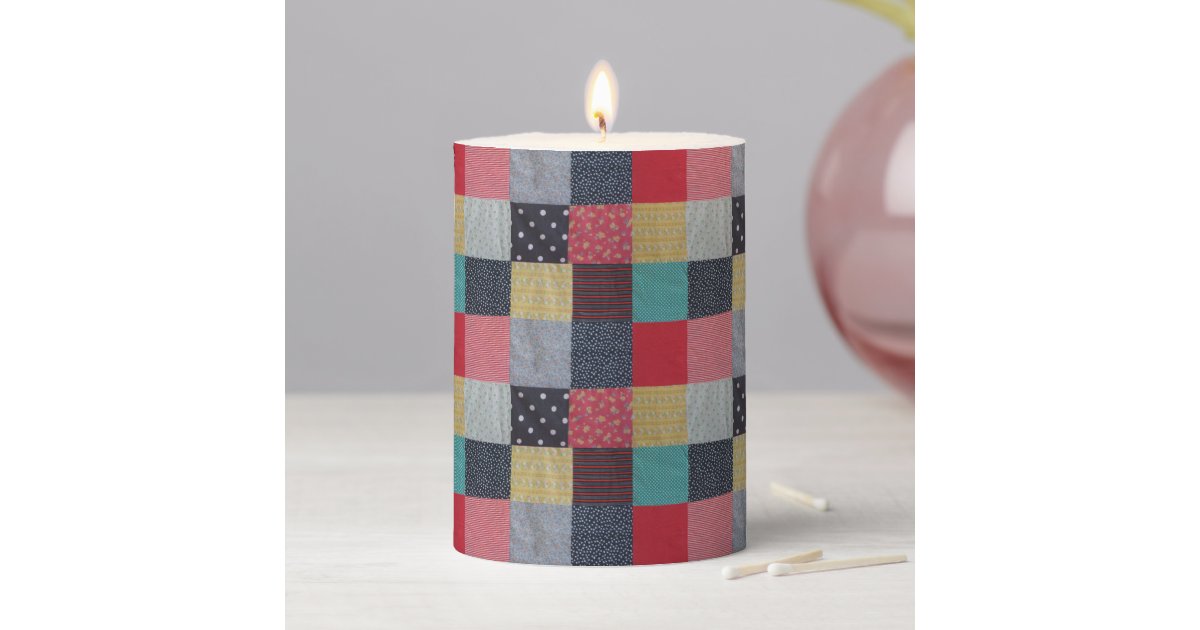 vintage style colorful squares of patchwork pillar candle | Zazzle