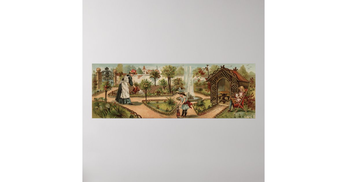 Vintage style country garden scene poster | Zazzle