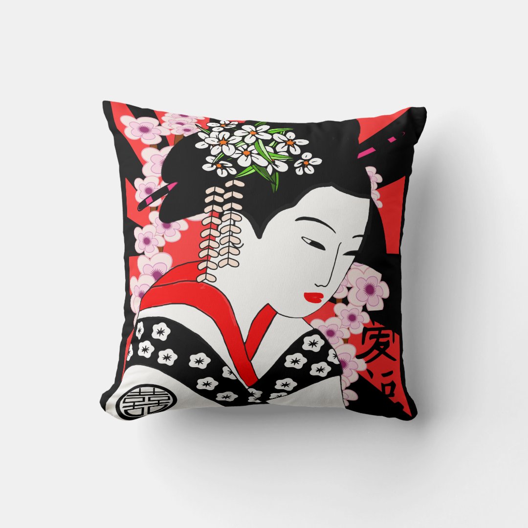 vintage style japanese geisha throw pillow | Zazzle