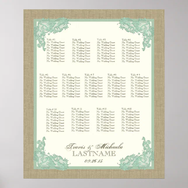 Vintage Style Lace Design Seafoam Green 13 tables Poster | Zazzle