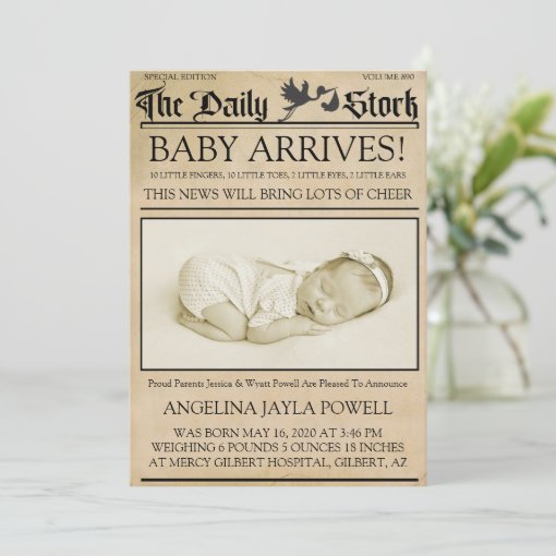 Vintage Style Newsletter Birth Announcement | Zazzle