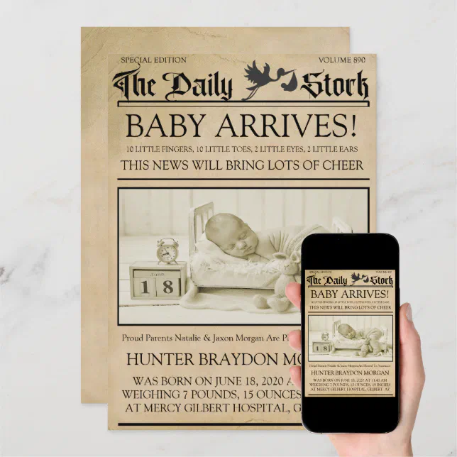 Vintage Style Newsletter Birth Announcement | Zazzle