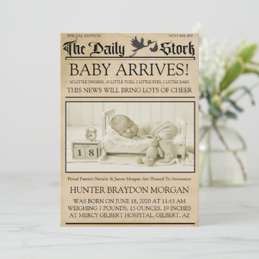 Vintage Style Newsletter Birth Announcement | Zazzle