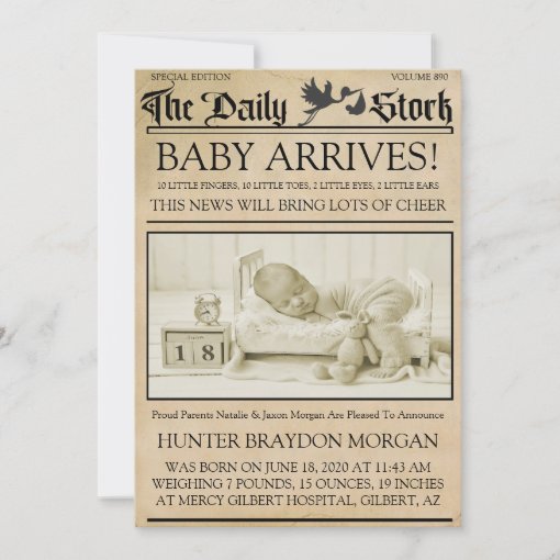 Vintage Style Newsletter Birth Announcement | Zazzle