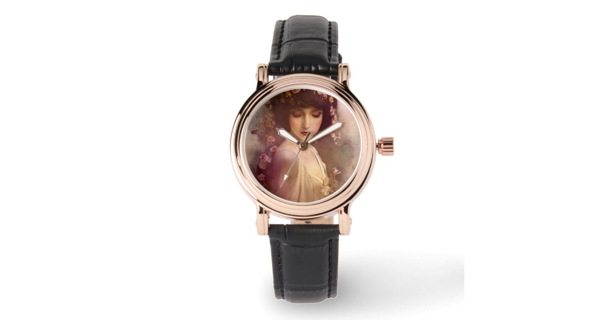 Vintage Style Portrait of Beautiful Floral Woman Watch | Zazzle