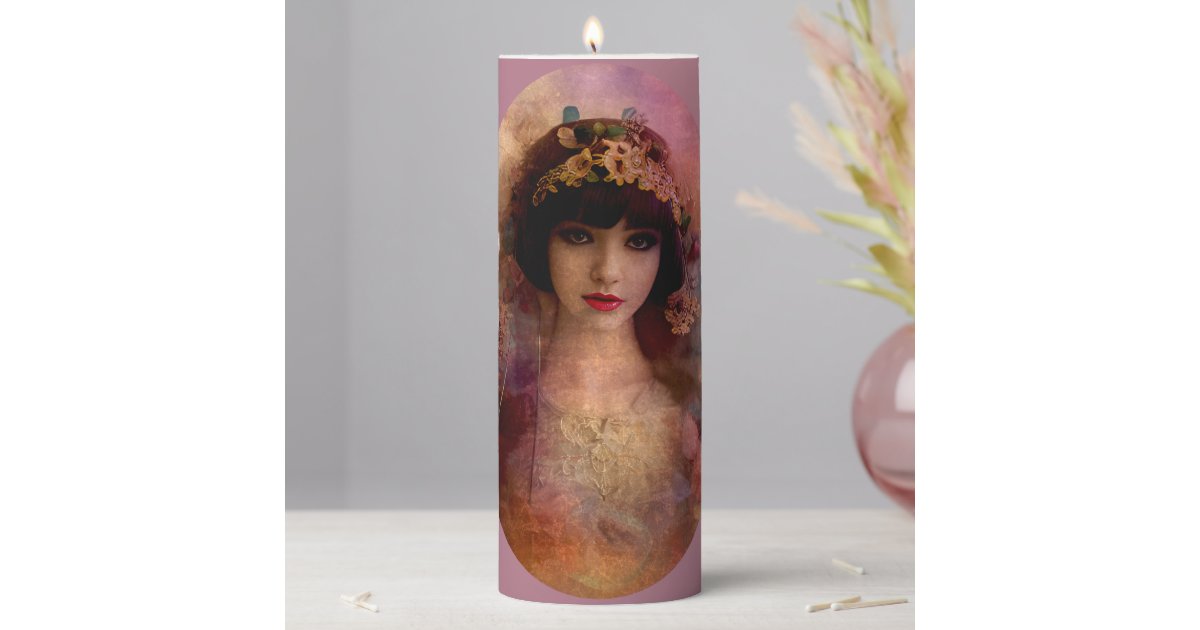 Vintage Style Portrait of Beautiful Woman in Pink Pillar Candle | Zazzle