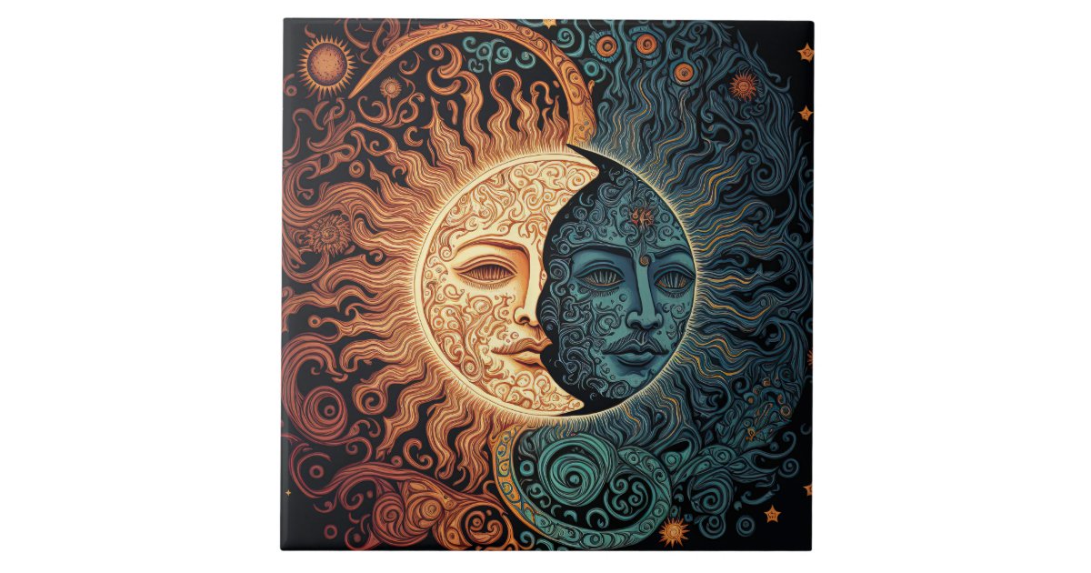 Vintage Style Sun and Moon Ceramic Tile | Zazzle