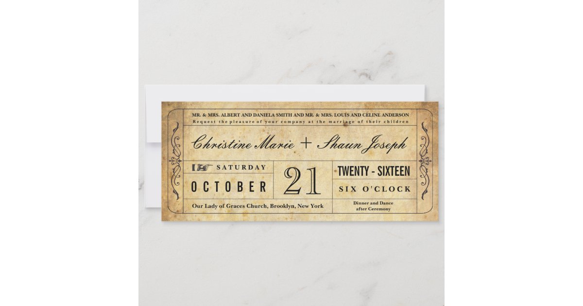 Vintage Style Wedding Ticket Invitation | Zazzle