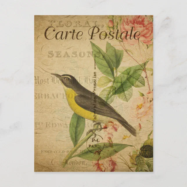 Vintage Style Yellow Bird French Carte Postale Postcard | Zazzle